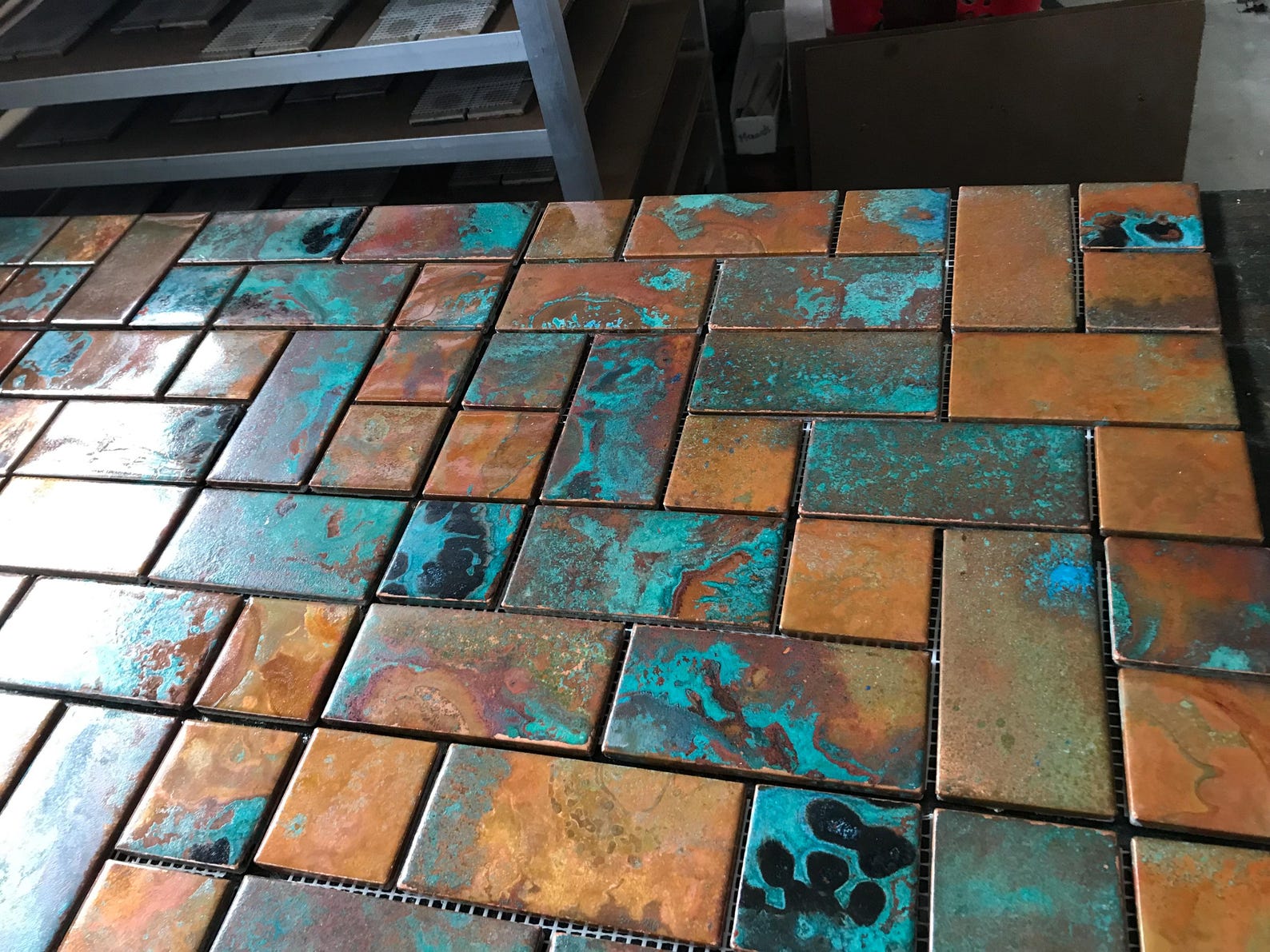 4”x12” Handmade Copper Tile Kitchen Backsplash Border in Dark Turquoise ...