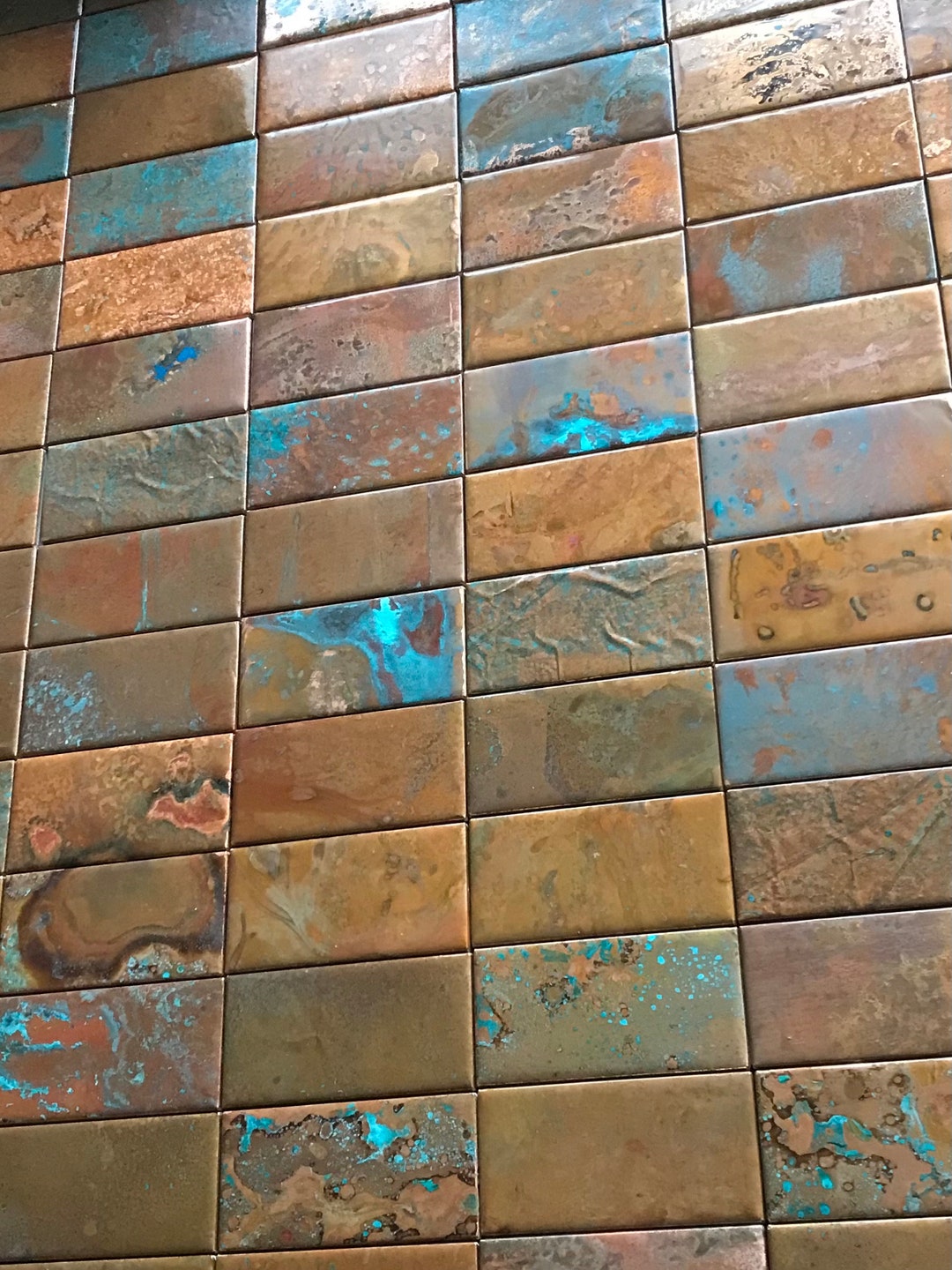 3”x6” Copper Subway Tile LIMITED EDITION Mix of Color & Texture W/ Aqua ...