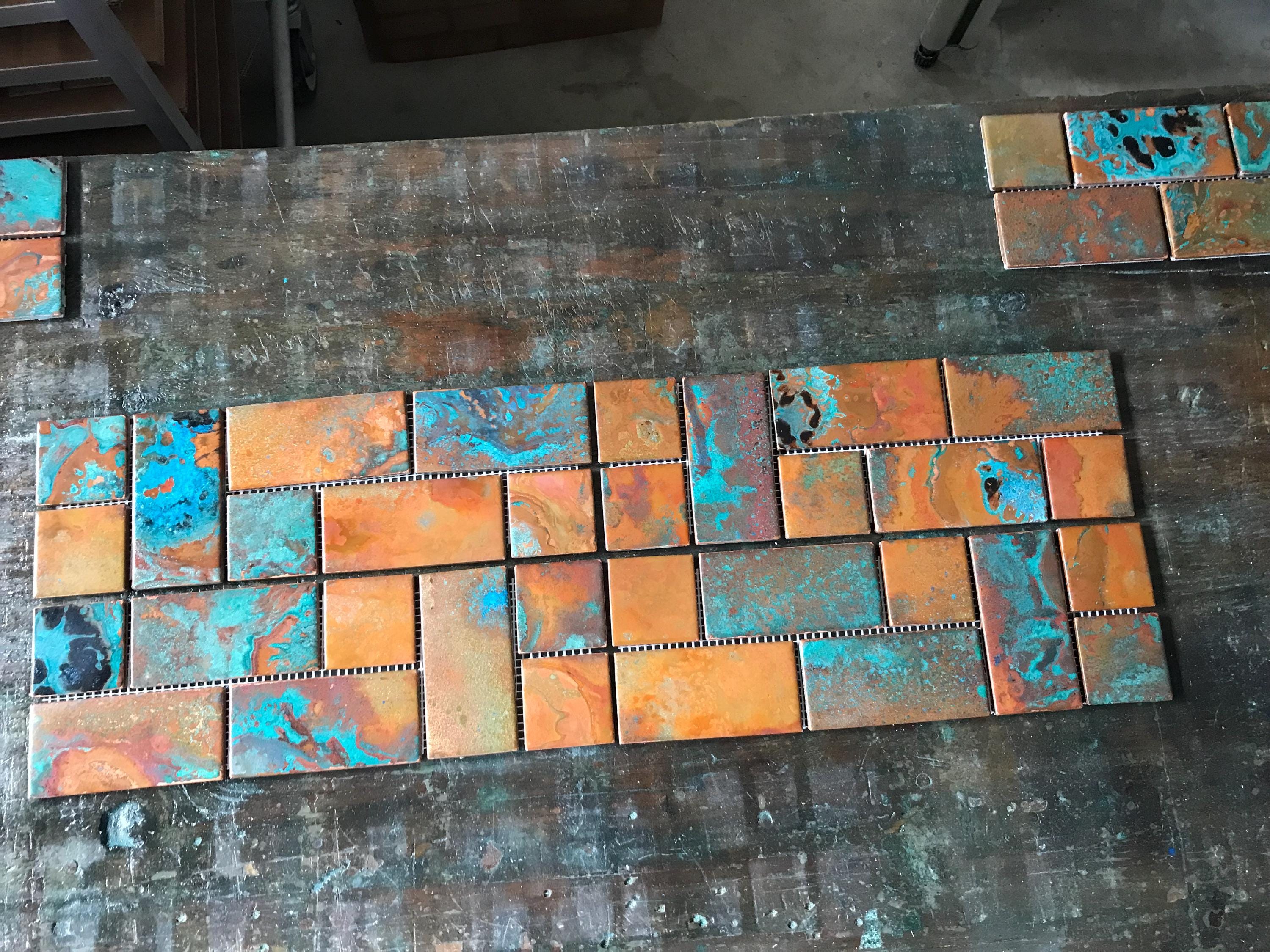 4”x12” Handmade Copper Tile Kitchen Backsplash Border in Dark Turquoise ...