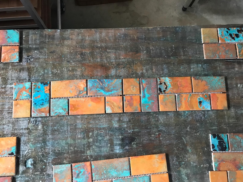 4”x12” Handmade Copper Tile Kitchen Backsplash Border in Dark Turquoise ...