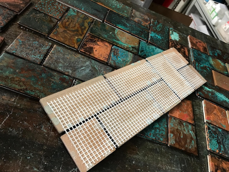 4”x12” Handmade Copper Tile Kitchen Backsplash Border in Dark Turquoise ...