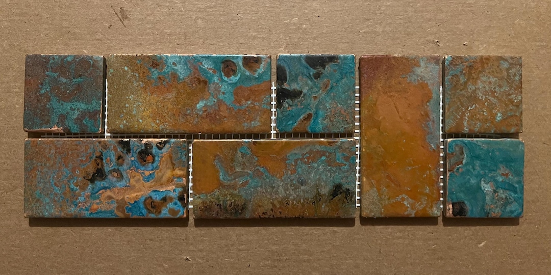 4”x12” Handmade Copper Tile Kitchen Backsplash Border in Dark Turquoise ...