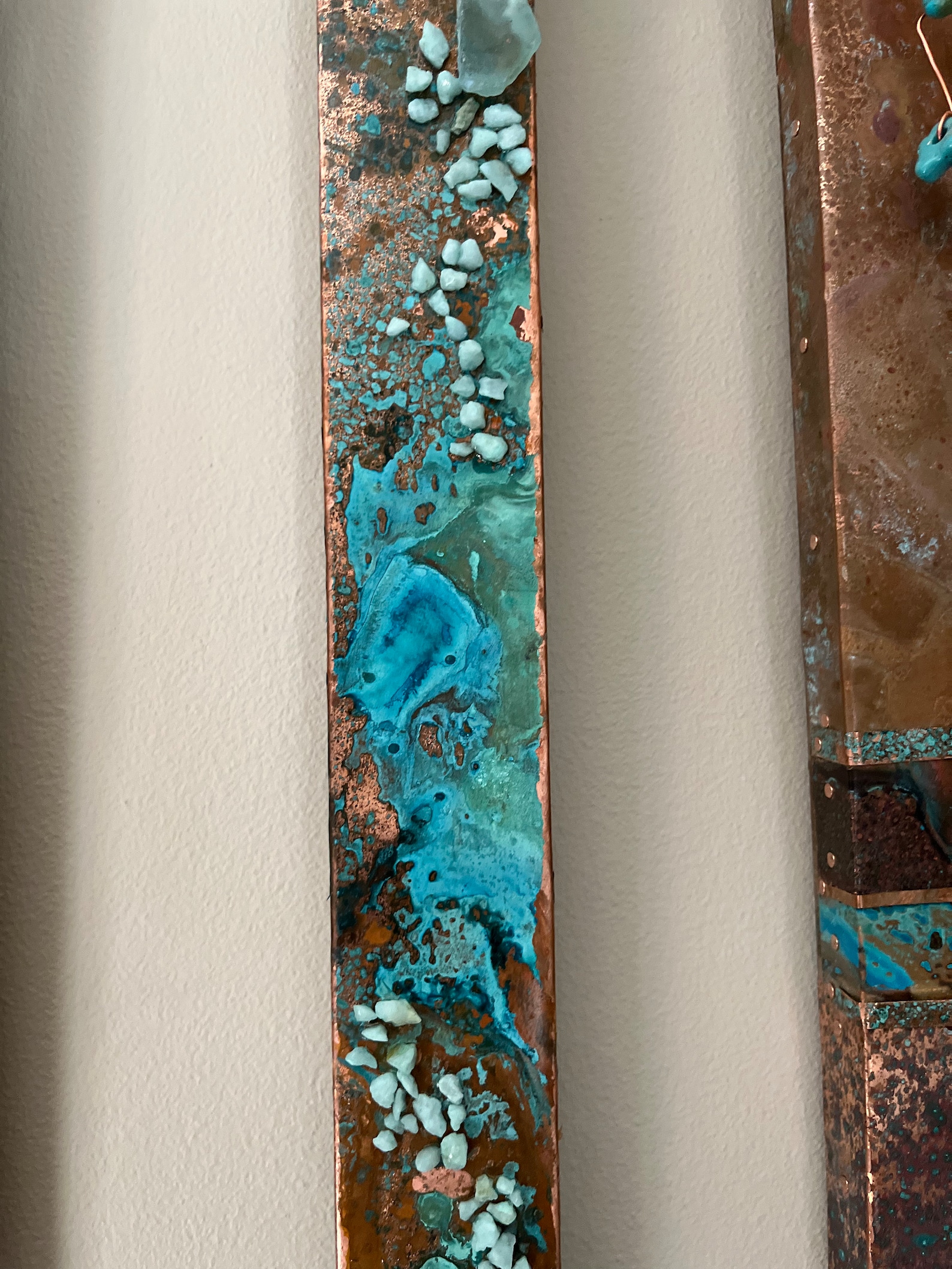 Abstract One of a Kind Wall Art Copper Totem W/ Patina & Objects Glass ...