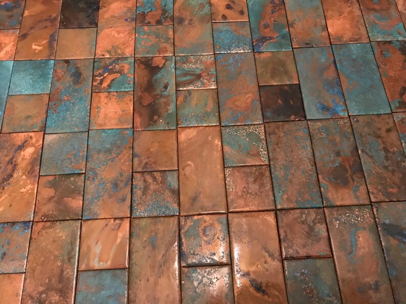 4”x12” Handmade Copper Tile Accent Liner in Turquoise, Aqua, Blue for ...