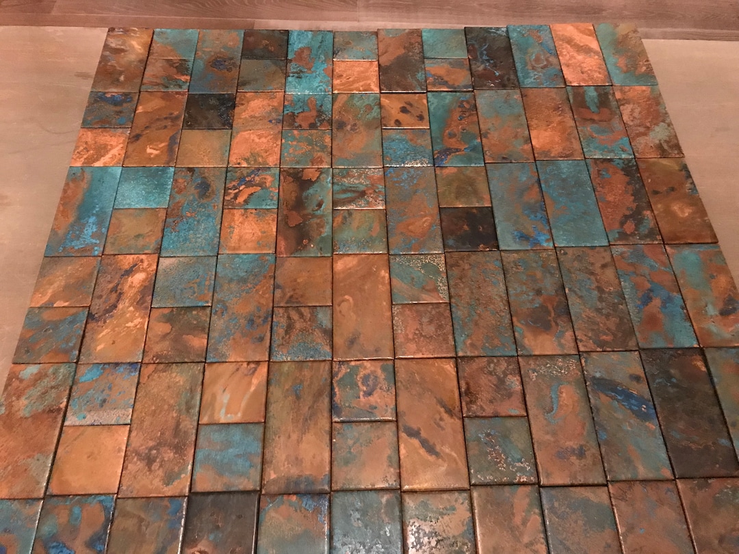 4”x12” Handmade Copper Tile Accent Liner in Turquoise, Aqua, Blue for ...