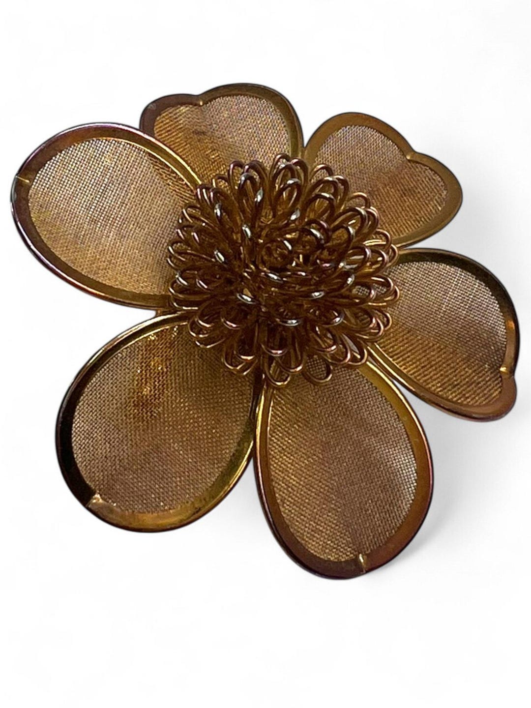 Vintage MCM Mid Century 60's Gold Tone Metal Mesh Flower Pin Brooch ...