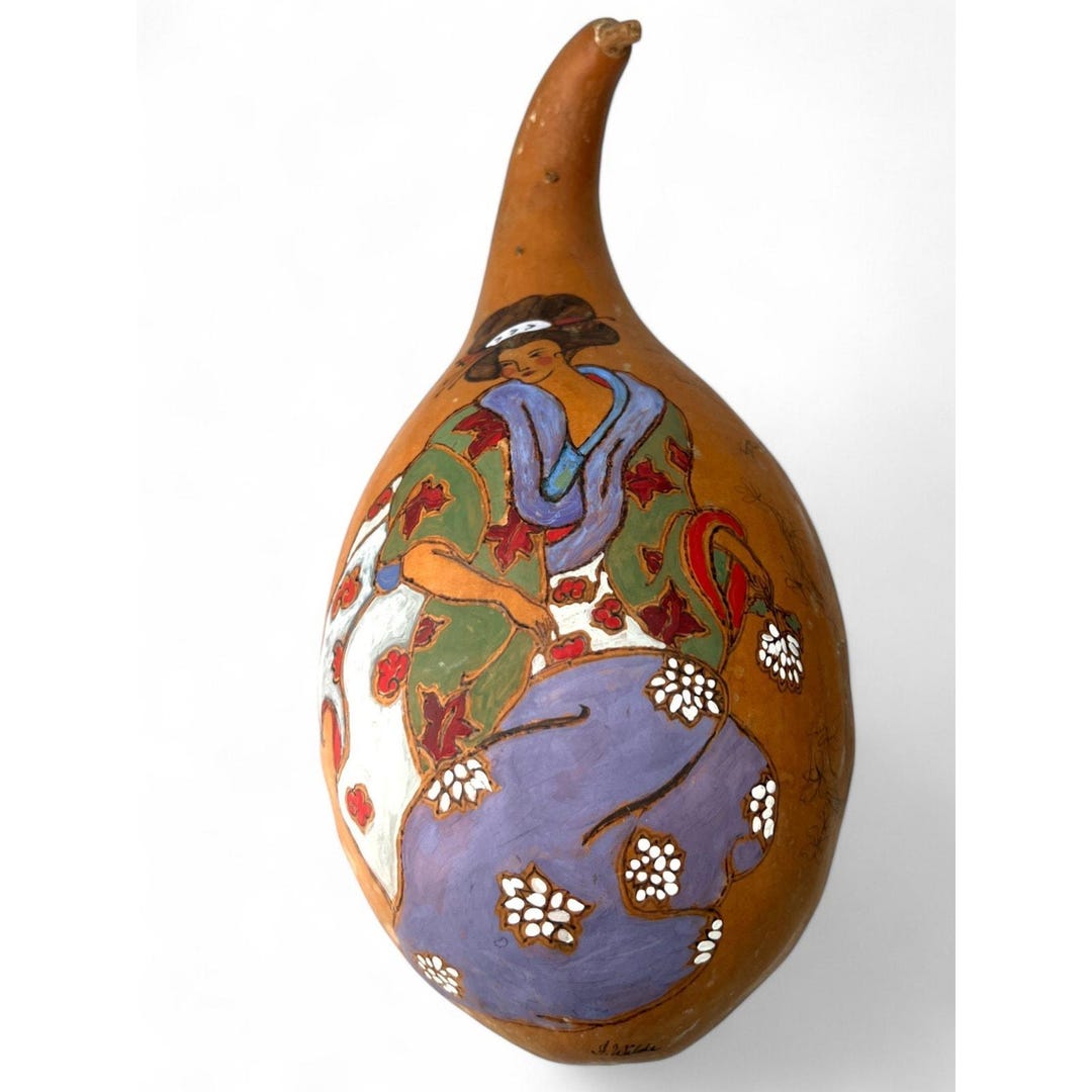 Artisan Asian Japanese Hand Painted Natural Gourd Signed Etched Kimono ...