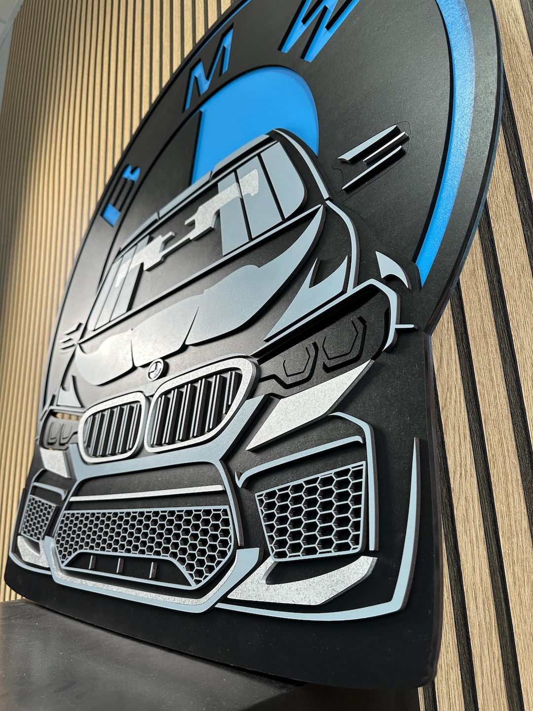 Handmade BMW Logo Wall Sign, Layered Wood Car Decor With LED, Garage ...