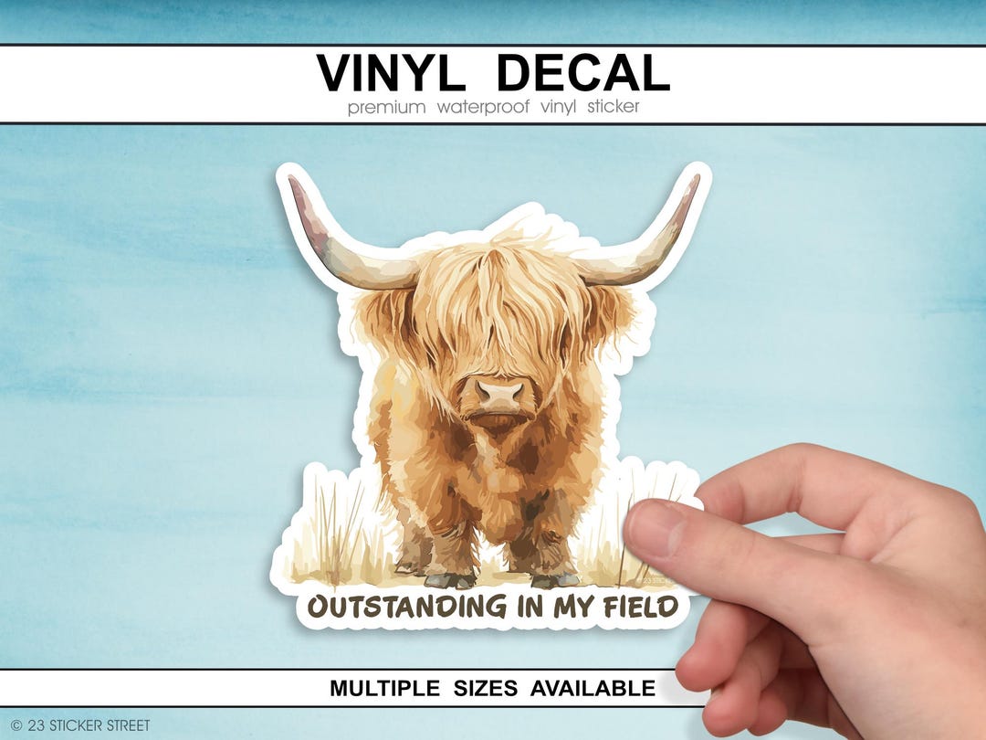 Outstanding in My Field Pun Vinyl Decal, Highland Cow Sticker, Funny ...