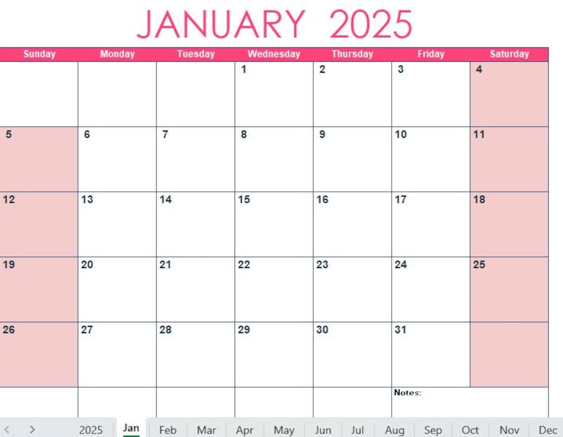 2025 Pink Excel Calendar / Editable-download Only - Etsy