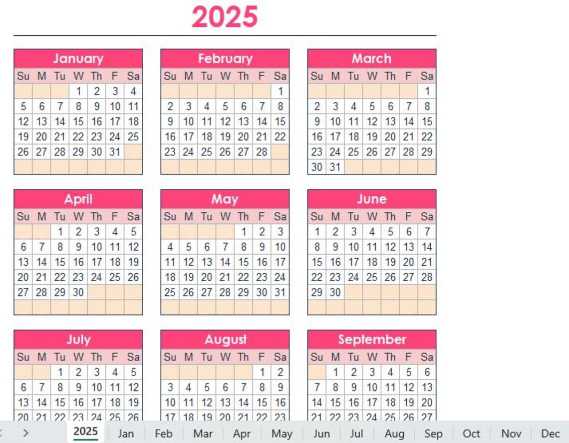2025 Pink Excel Calendar / Editable-download Only - Etsy