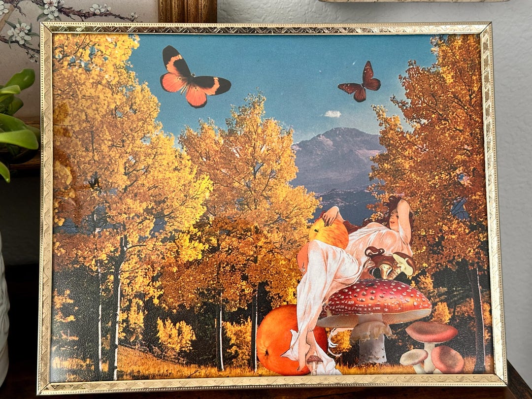 Handmade Autumn Collage – Woman on Mushroom With Butterflies, Dreamlike ...