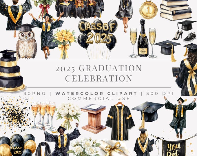 Graduation 2025 Clipart, Set of 15 PNG Bundle, 300 DPI Watercolor Clip ...