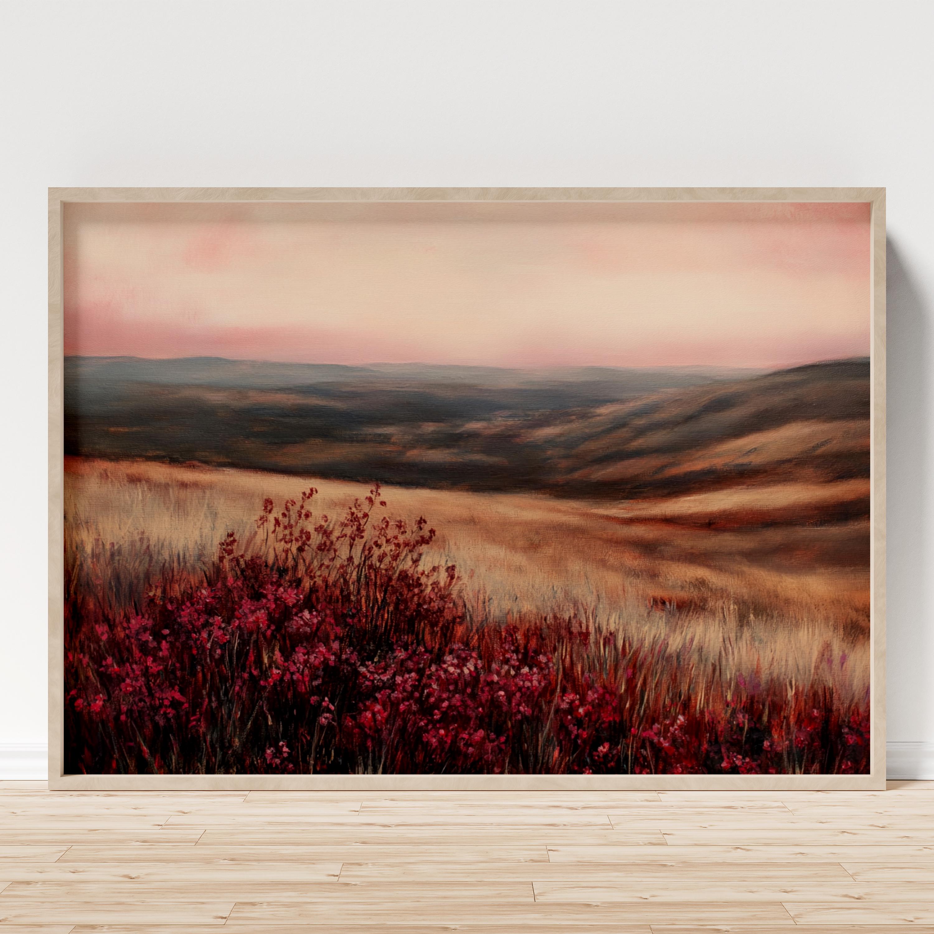 Moody Dark Red Wildflower Landscape Print, Vintage Printable Wall Art ...