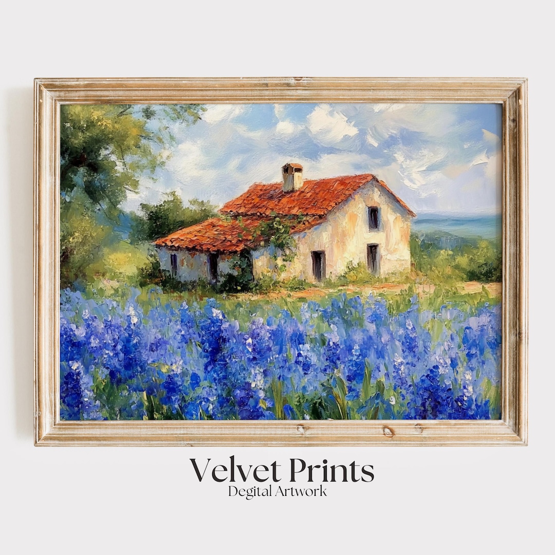 Rustic Spring Cottage Landscape Art, Printable Bluebonnet Field ...