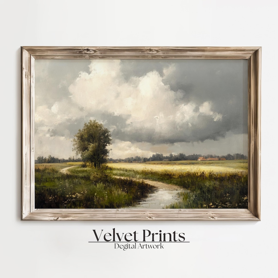 Rustic Farmhouse Landscape Art Print: Vintage Countryside (digital ...