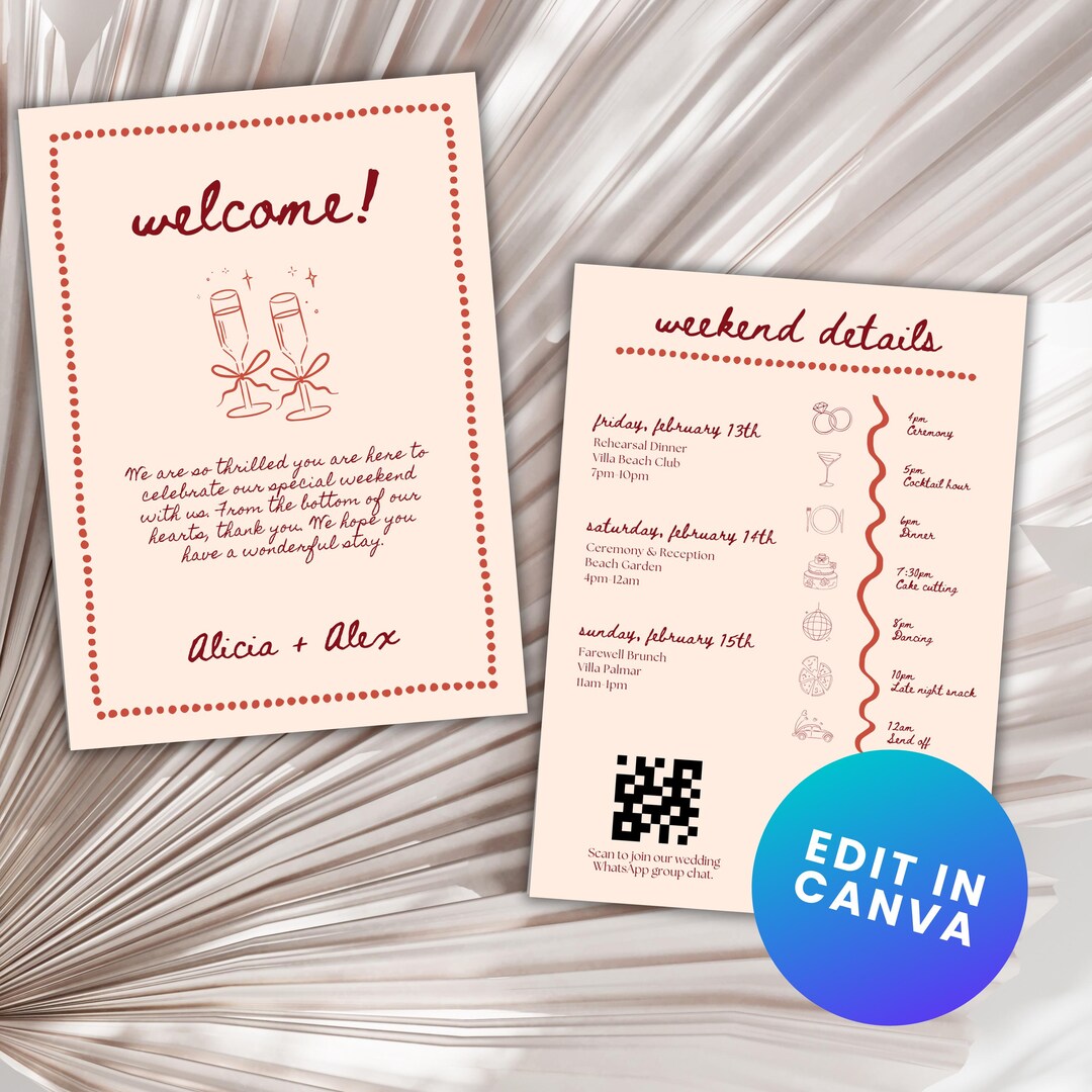 Illustrated Wedding Welcome Card Template | Red & Pink Wedding Program ...