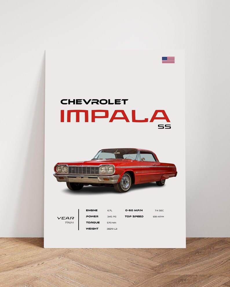 1964 Chevrolet Impala SS Poster, Classic Muscle Car Art Print, Gift for ...