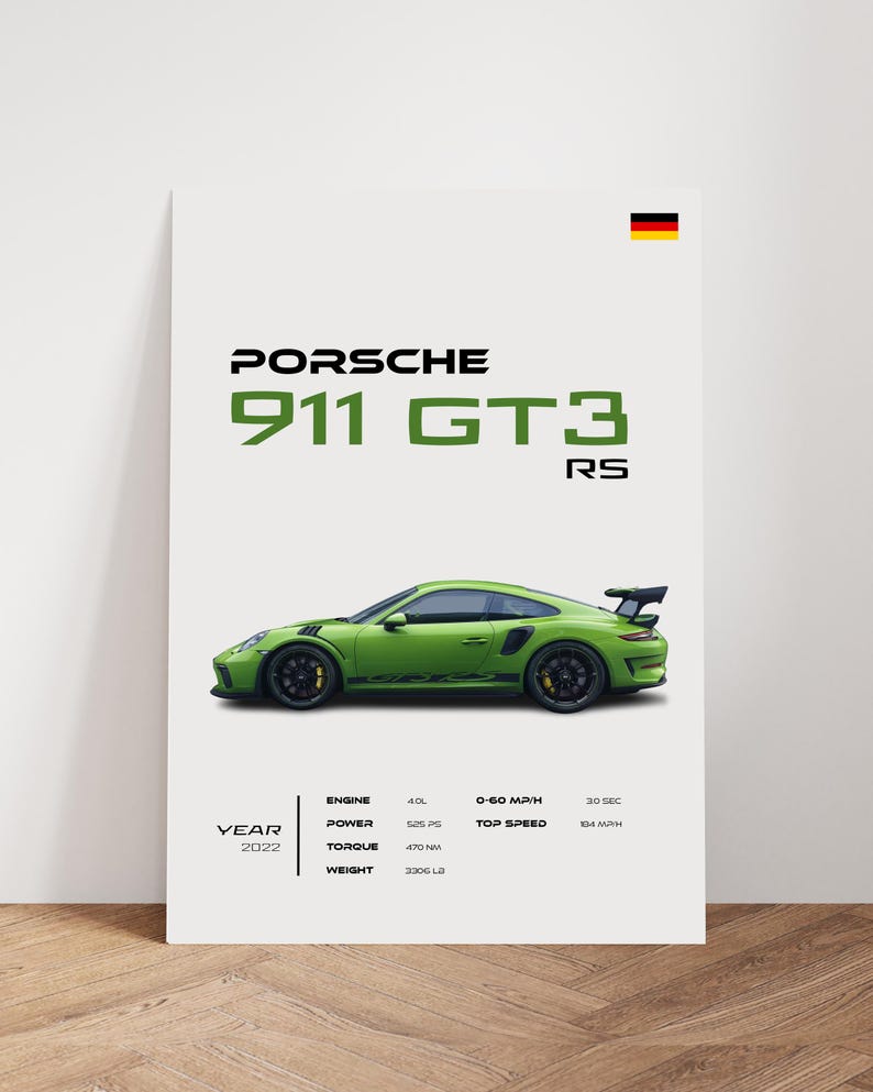 2022 Porsche 911 GT3 RS Poster - Green Supercar Wall Art - Sports Car ...