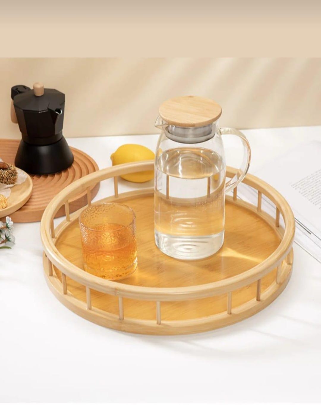 Organic Bamboo Round Tray Set,small&large Sizes 30cm-35cm,rustic,modern ...