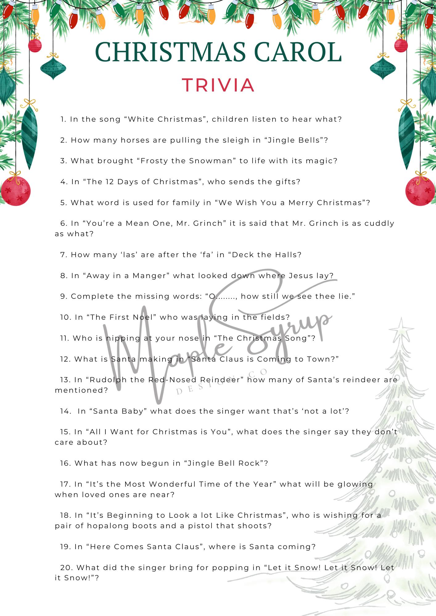 Christmas Carol Trivia Game, Song Trivia, Editable, Digital ...