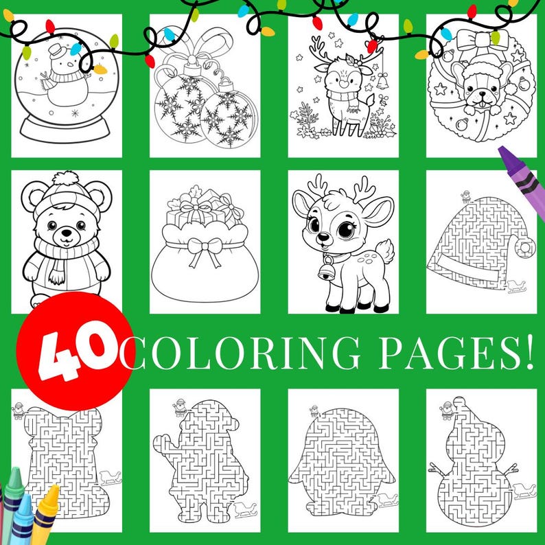 40 Kids Christmas Coloring Pages: Games & Activities (digital Download ...