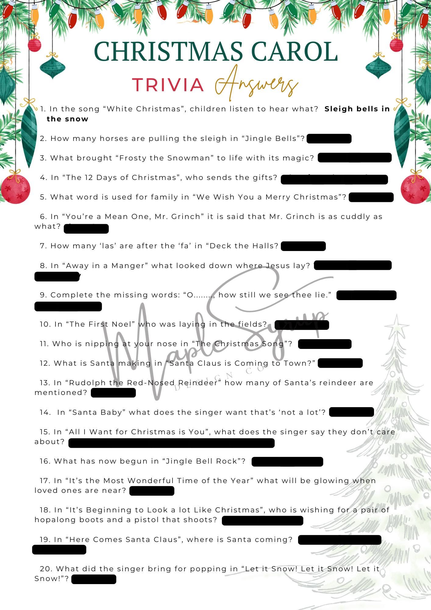 Christmas Carol Trivia Game, Song Trivia, Editable, Digital ...