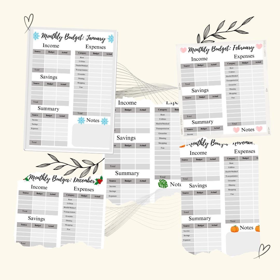 Themed & Simple Printable Monthly Budget, Finance Planner Financial ...