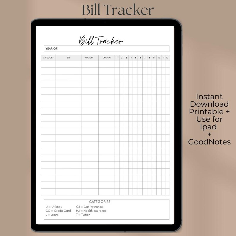 Monthly Bill Tracker Template: Printable, Ipad, Goodnotes (digital ...