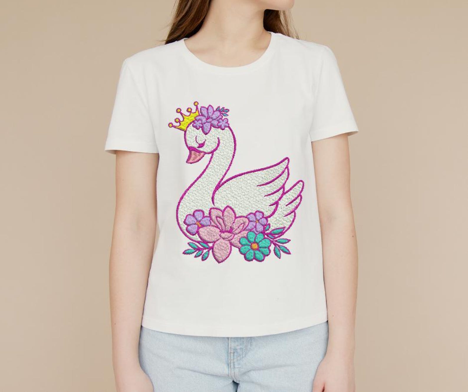 Swan Embroidery Design, Swan and Flowers Motif, Floral Swan Embroidery ...