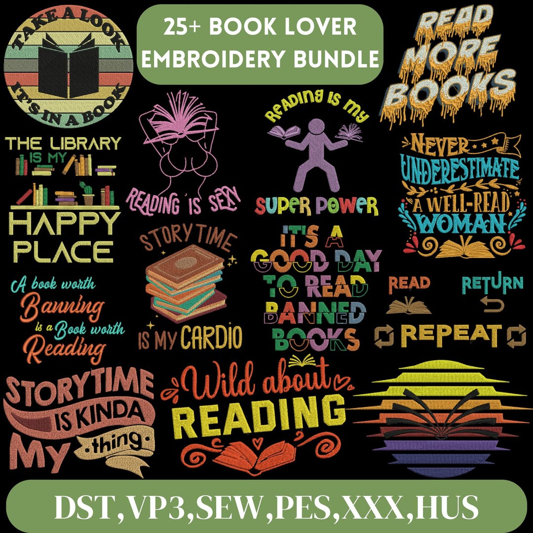 Book Embroidery Design, Book Lover Embroidery, Floral Book Embroidery ...