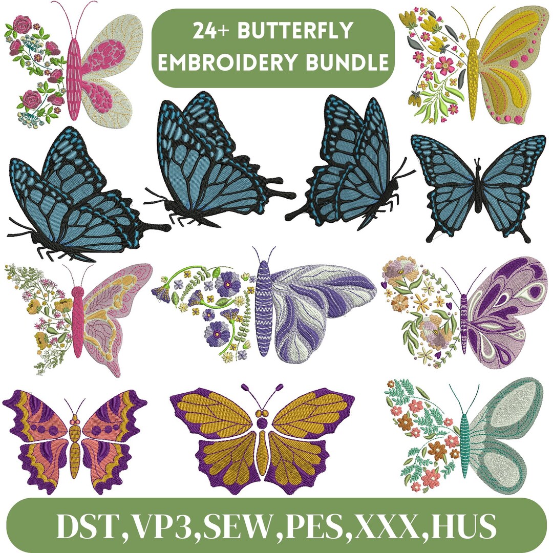 Butterfly Embroidery Design, Floral Butterfly Embroidery, Two Tone ...