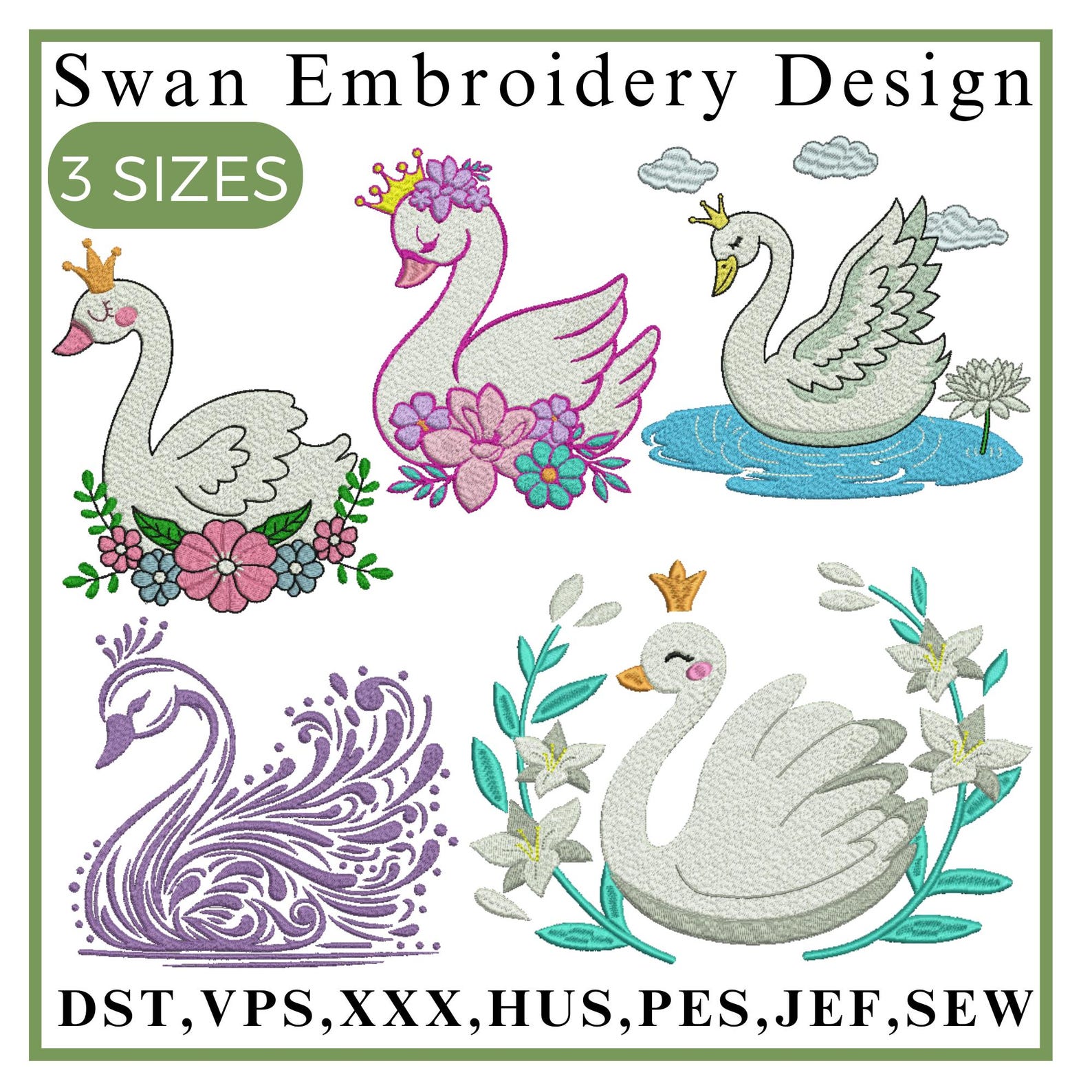 Swan Embroidery Design, Swan and Flowers Motif, Floral Swan Embroidery ...