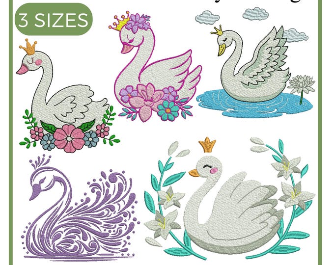Swan Embroidery Design, Swan and Flowers Motif, Floral Swan Embroidery ...
