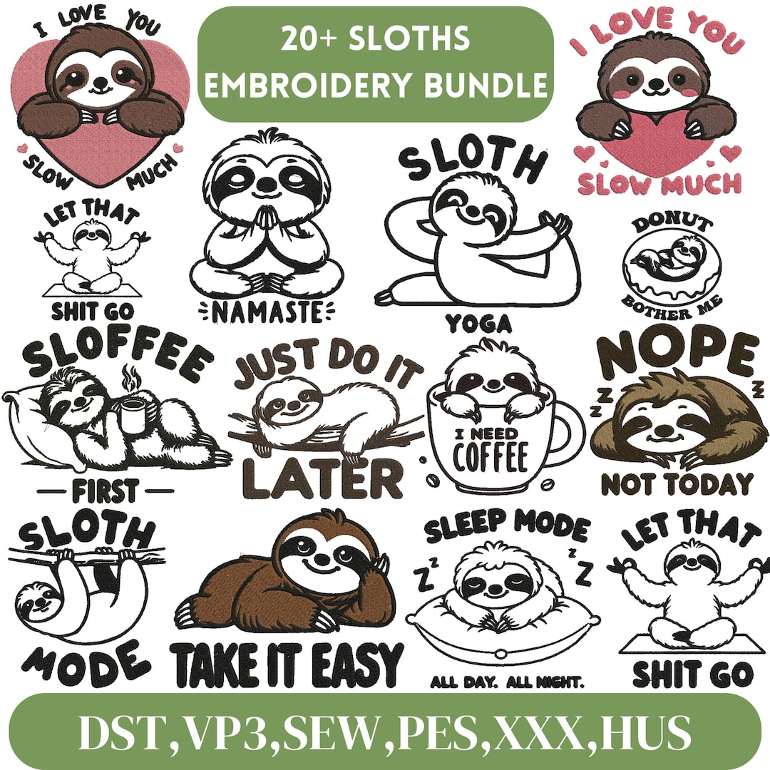 Sloth Embroidery Design, Realistic Sloth Embroidery, Cool Sloth ...