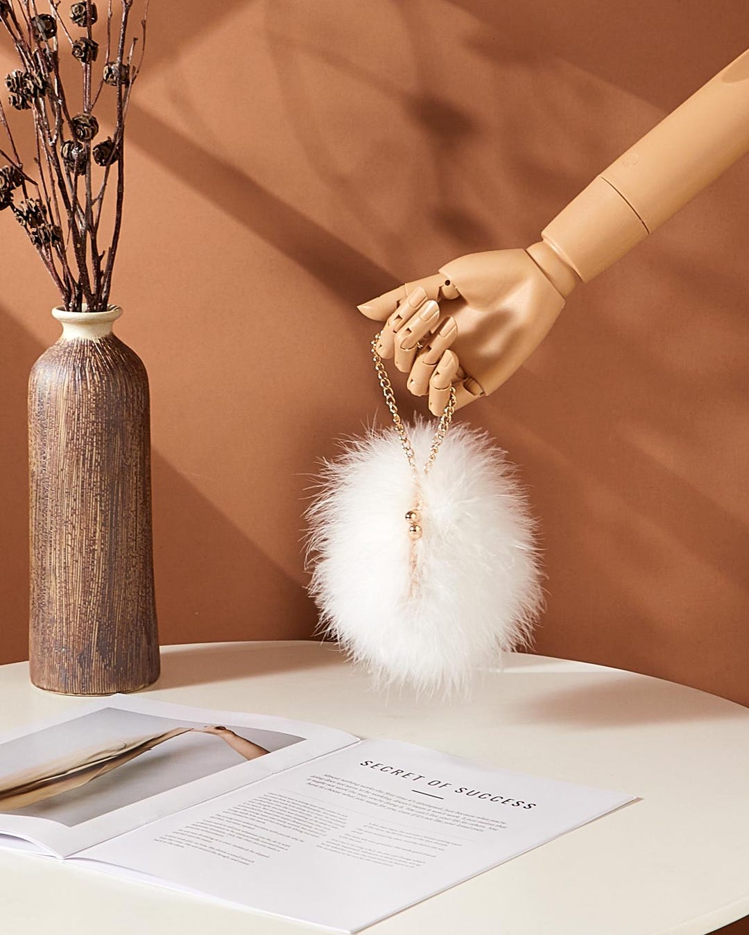Fluffy Ostrich Feather Mini Bag: White Pom Pom Purse With Gold Chain ...