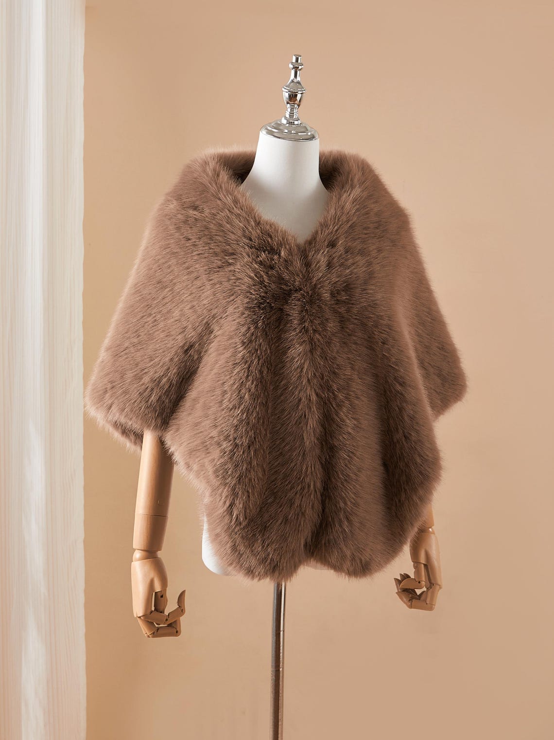 Soft Mocha Faux Fox Fur Shawl | Light Brown Bridal Cape | Cozy Winter ...