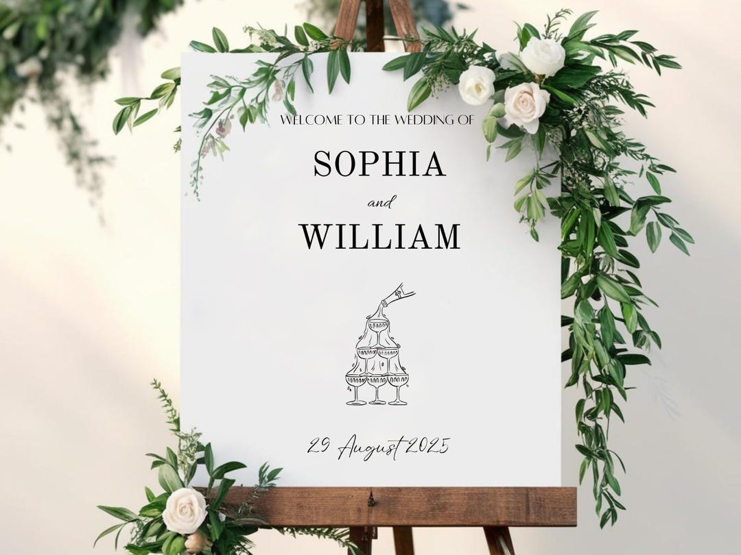 Welcome Wedding Sign, Whimsical Welcome to Our Wedding, Champagne Tower ...
