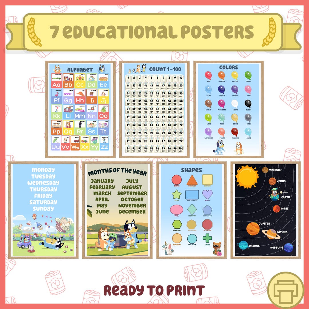 Bluey-inspired Educational Posters – Alphabet, Numbers 1–100, Colors ...