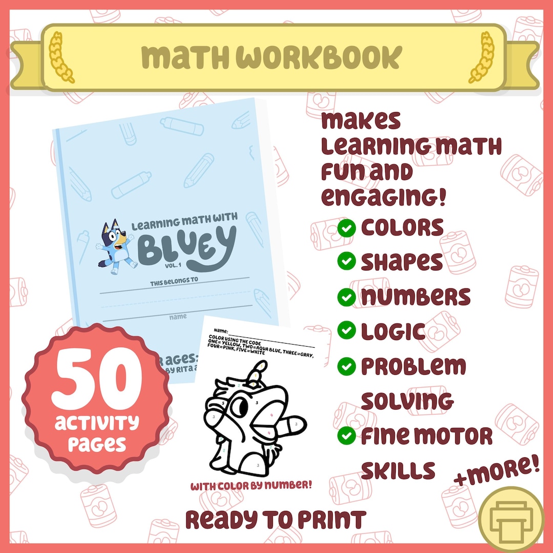 Bluey Math Workbook: Numbers, Shapes, Colors (printable PDF) Ages 3-5 ...