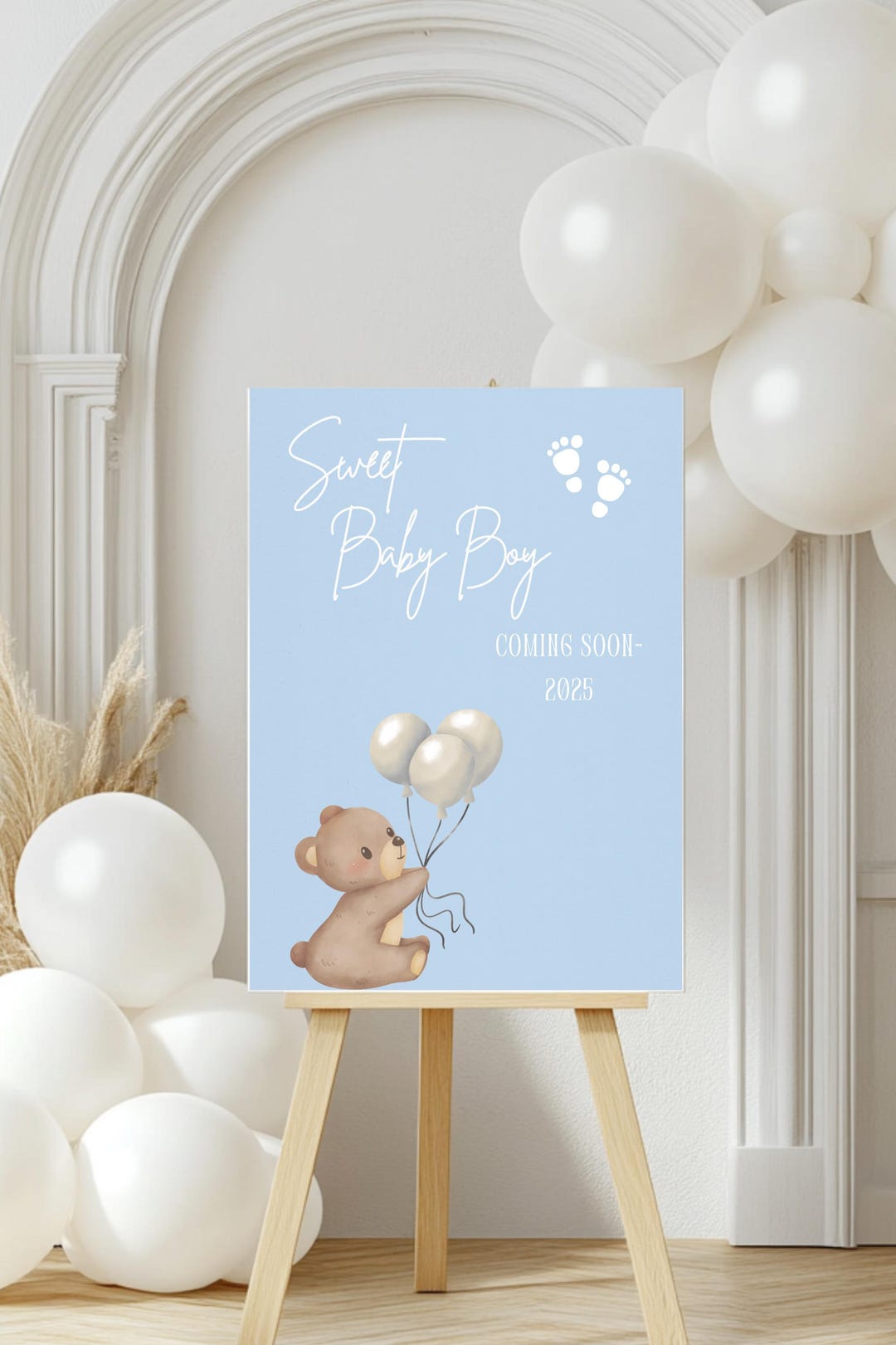 Sweet Baby Boy Coming Soon Sign- 2025 Bear & Balloons Decor, Blue Baby ...