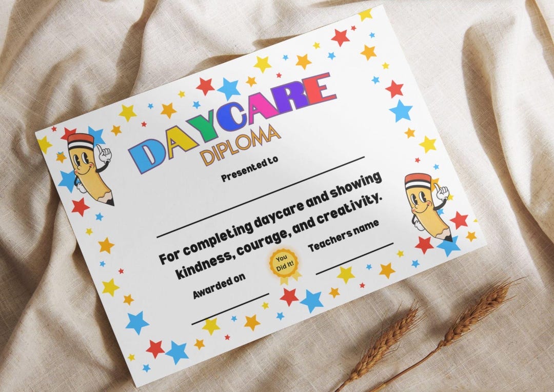 Daycare Diploma Certificate: Printable Preschool Graduation Award (A4 ...