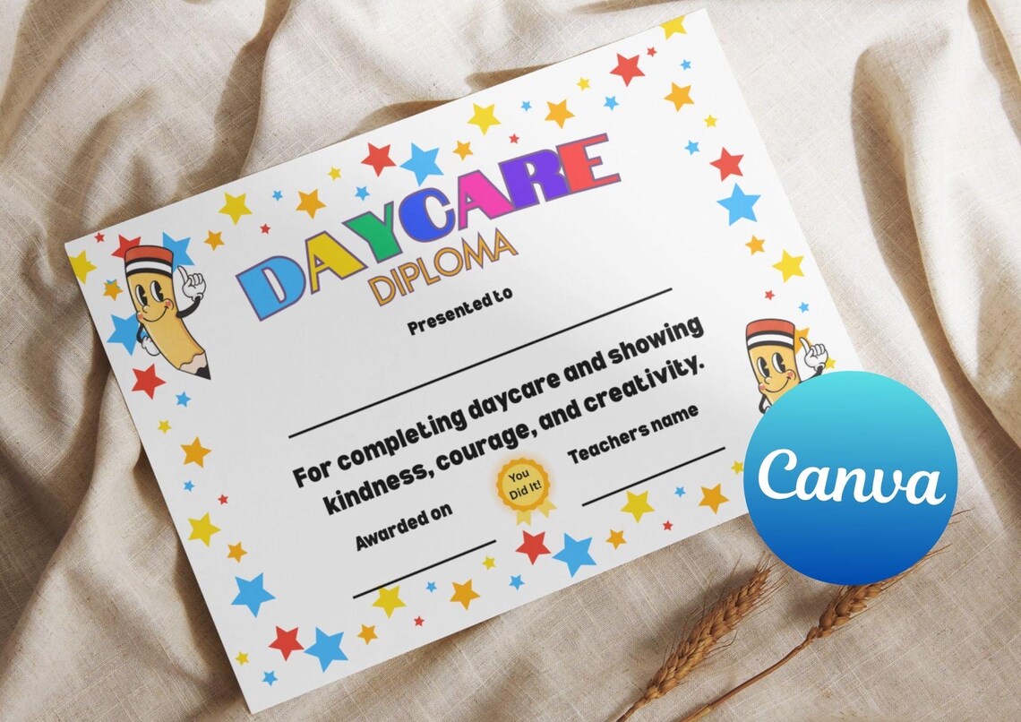 Daycare Diploma Certificate: Printable Preschool Graduation Award (A4 ...