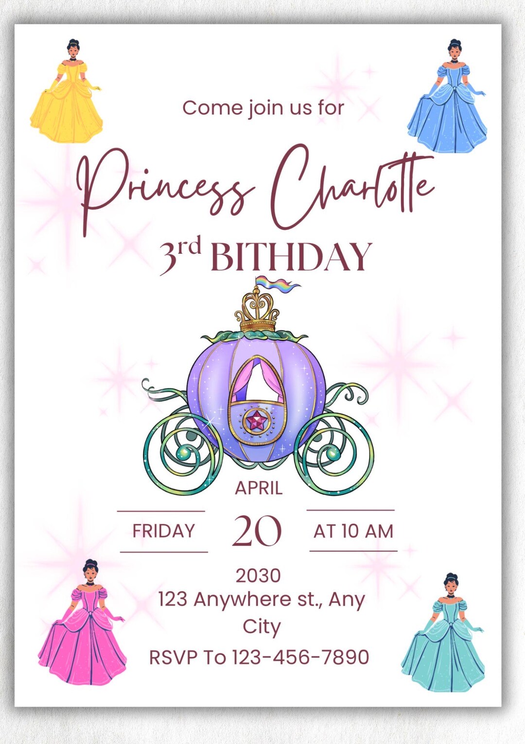 Editable Princess Birthday Invitation, Princess Party Invite, Princess ...