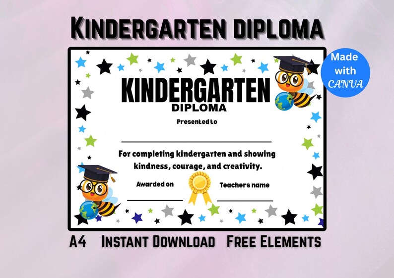 Editable Kindergarten Graduation Certificate, Colorful Diploma (canva ...