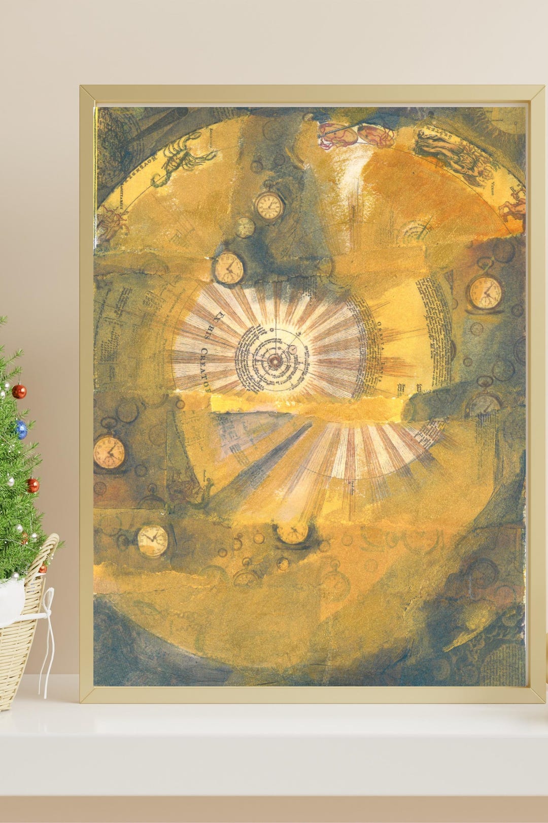 Clock Theme Art Print: Abstract Mixed Media Collage, Modern Wall Decor ...