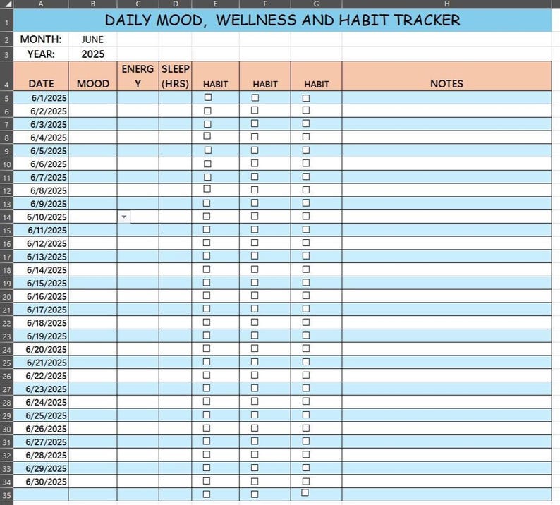 Excel Self-care Tracker, Daily Habit and Mood Log, Sleep and Energy ...