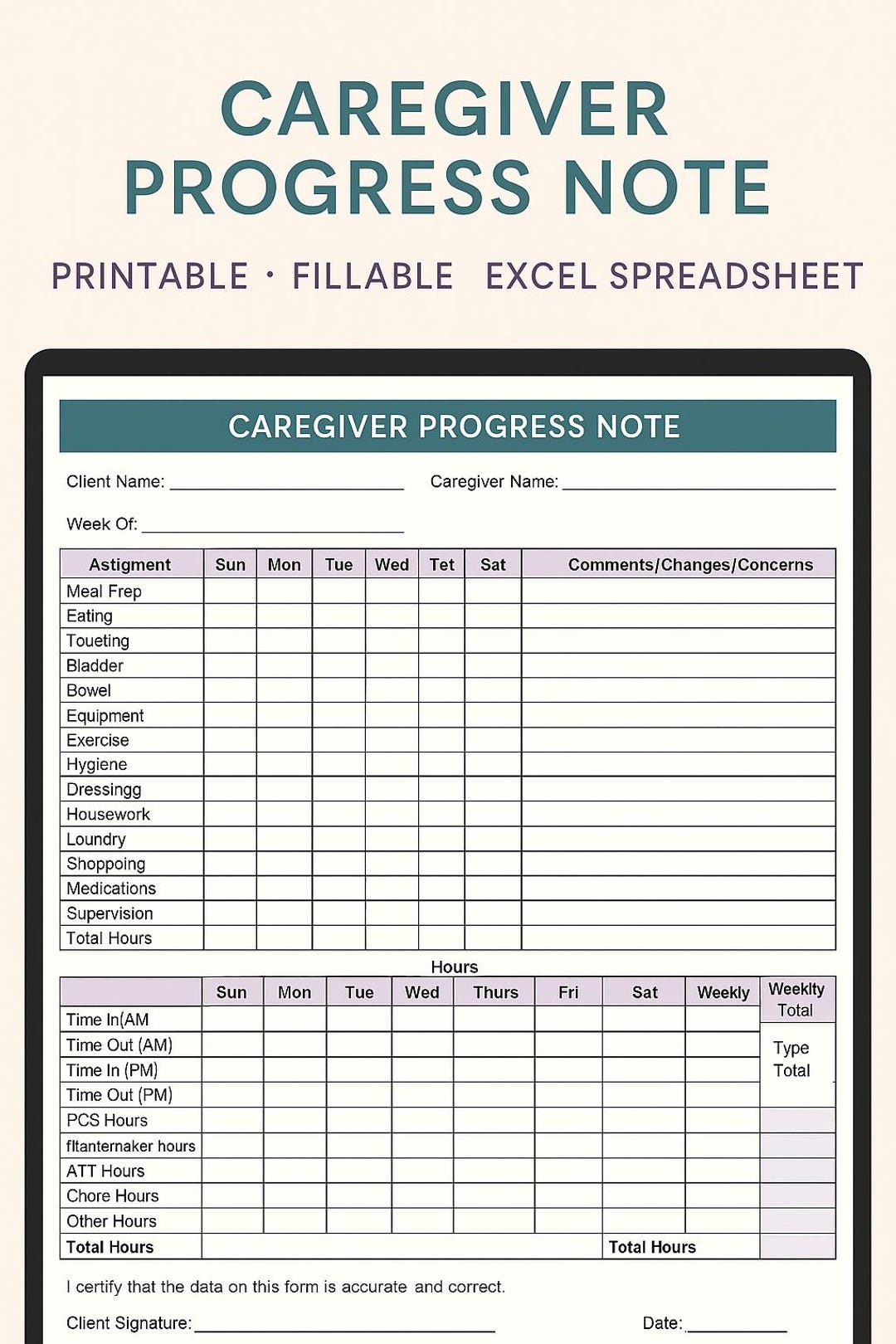 Caregiver Progress Note | Printable Excel Template, Weekly Care Log - Etsy