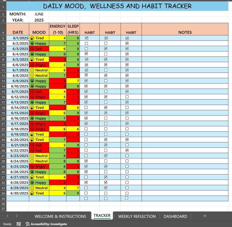 Excel Self-care Tracker, Daily Habit and Mood Log, Sleep and Energy ...