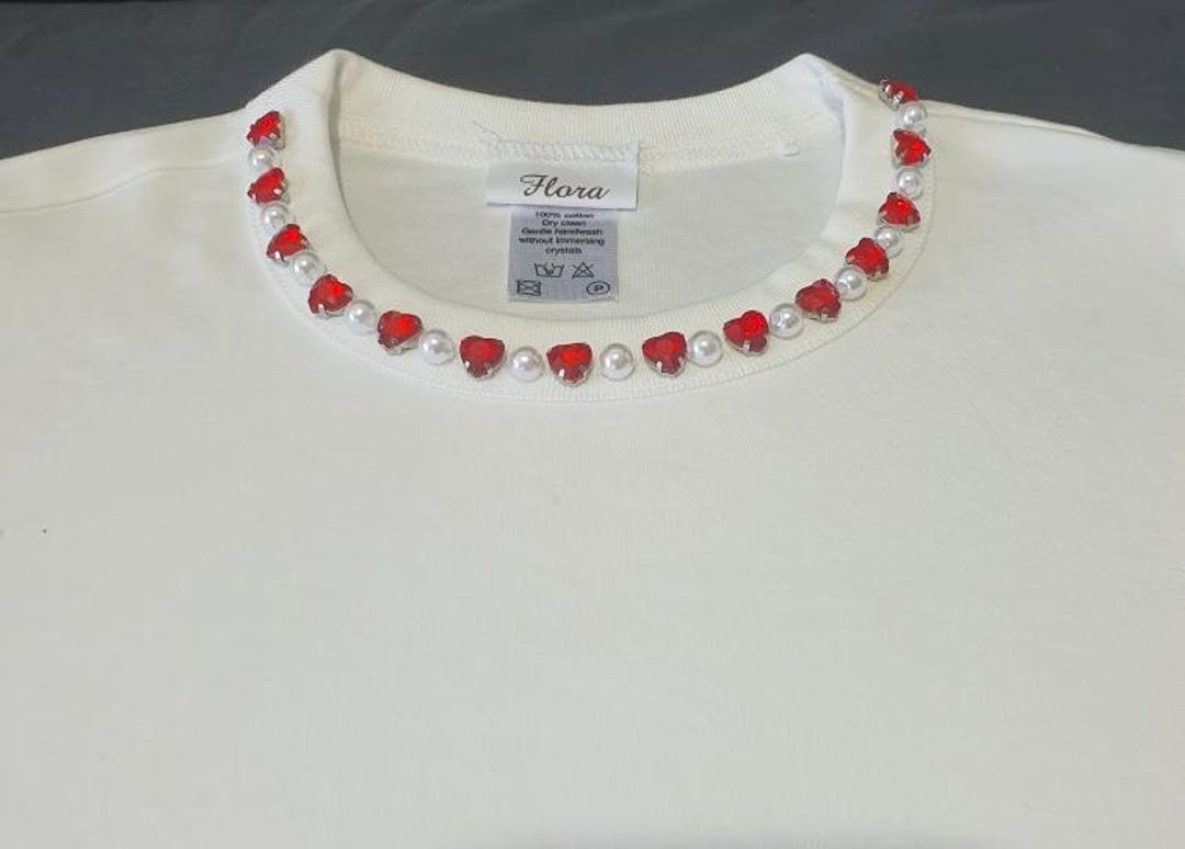 Hand-sewn Sparkling Red Heart Crystals and Pearls T-shirt, Women’s 100% ...